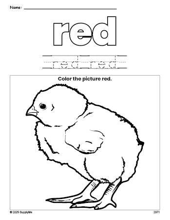 FREE Chick Color Red Coloring Page and Color Worksheet, Red Worksheet ...