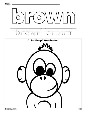 FREE Chimpanzee Color Brown Coloring Page and Color Worksheet, Brown ...