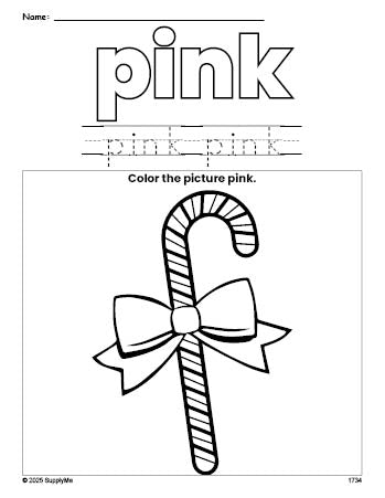 FREE Christmas Candy Cane Color Pink Coloring Page and Color Worksheet ...