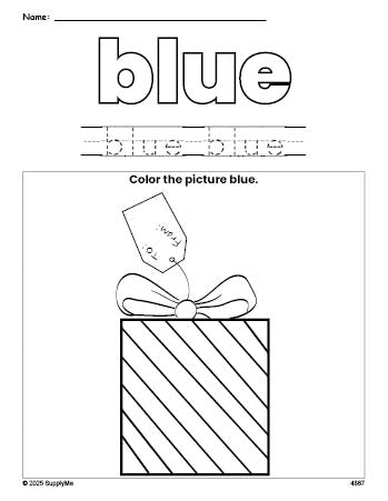 FREE Christmas Gift Color Blue Coloring Page and Color Worksheet, Blue ...