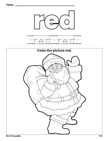 FREE Christmas Santa Color Red Coloring Page and Color Worksheet, Red ...