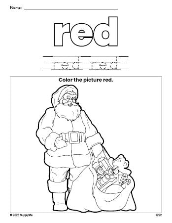 FREE Christmas Santa Color Red Coloring Page and Color Worksheet, Red ...