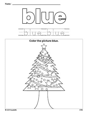 FREE Christmas Tree Color Blue Coloring Page and Color Worksheet, Blue ...