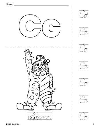 FREE Printable Clown Coloring Page and Cursive Letter Tracing Worksheet ...