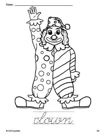 FREE Printable Clown Coloring Page and Cursive Word Tracing Worksheet ...