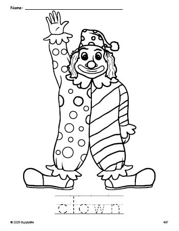 FREE Printable Clown Coloring Page and Word Tracing Worksheet, Perfect ...