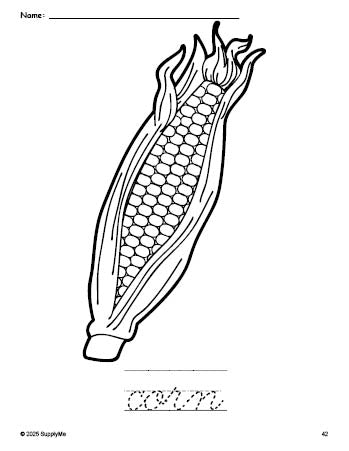 FREE Printable Corn Thanksgiving Coloring Page and Cursive Word Tracing ...