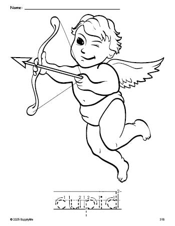 FREE Printable Cupid Valentine's Day Coloring Page and Word Tracing ...