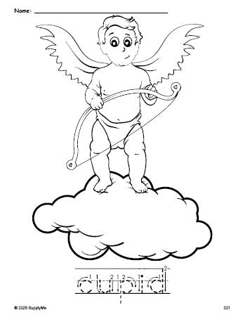 FREE Printable Cupid Valentine's Day Coloring Page and Word Tracing ...