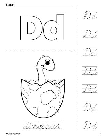 FREE Printable Dinosaur Coloring Page and Cursive Letter Tracing ...