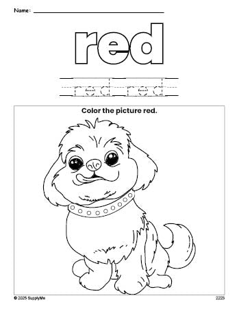 FREE Dog Color Red Coloring Page and Color Worksheet, Red Worksheet for ...