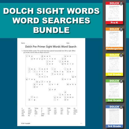 Pre-Primer Dolch Sight Words Word Searches - 12 Variations, Pre-K ...