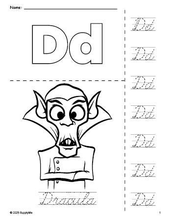 FREE Printable Dracula Halloween Coloring Page and Cursive Letter ...