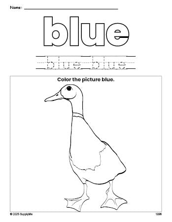 FREE Duck Color Blue Coloring Page and Color Worksheet, Blue Worksheet ...