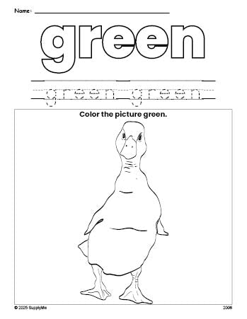 FREE Duck Color Green Coloring Page and Color Worksheet, Green ...