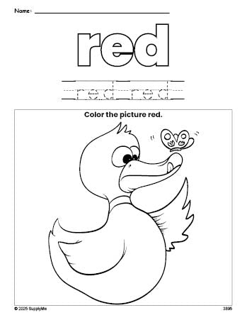 FREE Duck Color Red Coloring Page and Color Worksheet, Red Worksheet ...
