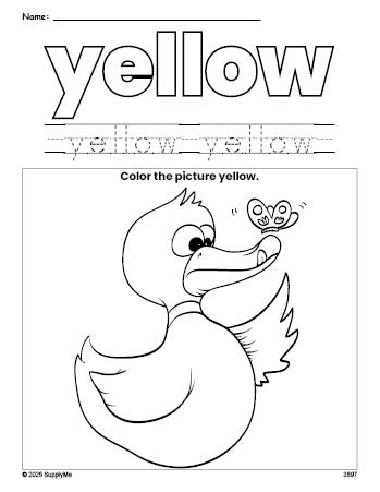 FREE Duck Color Yellow Coloring Page and Color Worksheet, Yellow ...