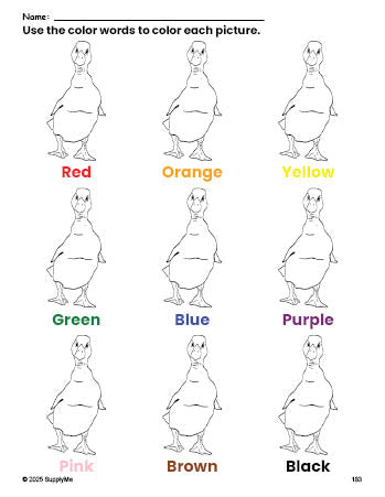 FREE Duck Coloring Page and Color Worksheet for Preschoolers to Learn ...
