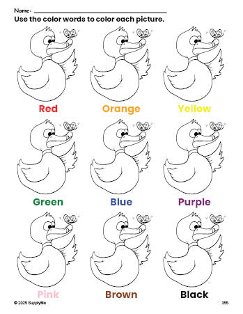 FREE Duck Coloring Page and Color Worksheet for Preschoolers to Learn ...