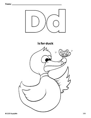 FREE Printable Duck Coloring Page, Letter D Coloring Page for Preschool ...