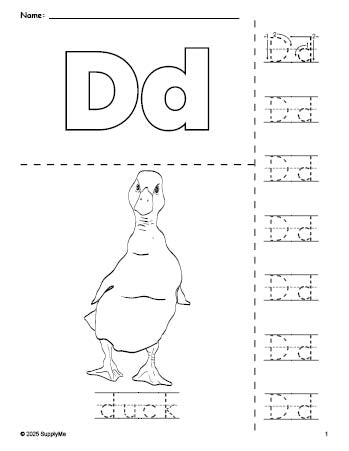 FREE Printable Duck Coloring Page and Letter Tracing Worksheet, Letter ...