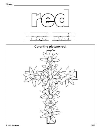 FREE Easter Cross Color Red Coloring Page and Color Worksheet, Red ...