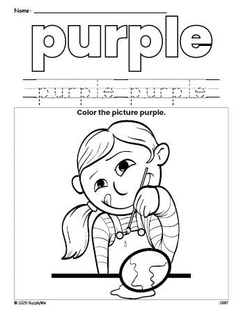FREE Easter Girl Color Purple Coloring Page and Color Worksheet, Purple ...