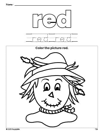 FREE Fall Scarecrow Color Red Coloring Page and Color Worksheet, Red ...