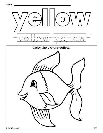 FREE Fish Color Yellow Coloring Page and Color Worksheet, Yellow ...
