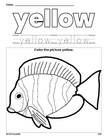 FREE Fish Color Yellow Coloring Page and Color Worksheet, Yellow ...