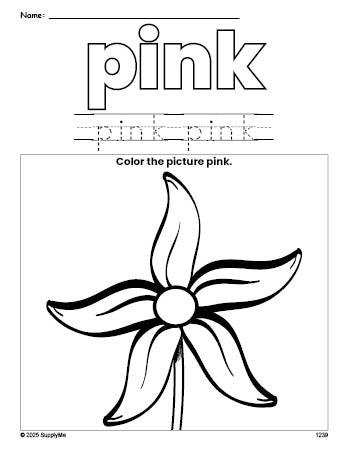 FREE Flower Color Pink Coloring Page and Color Worksheet, Pink ...