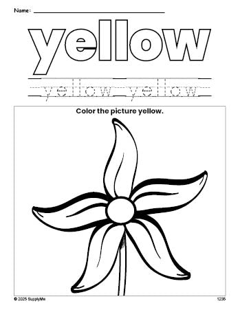 FREE Flower Color Yellow Coloring Page and Color Worksheet, Yellow ...