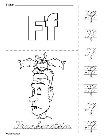 FREE Printable Frankenstein Halloween Coloring Page and Cursive Letter ...