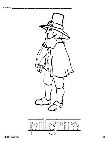 FREE Printable Pilgrim Thanksgiving Coloring Page and Word Tracing ...
