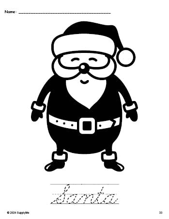 FREE Printable Santa Christmas Coloring Page and Cursive Word Tracing ...