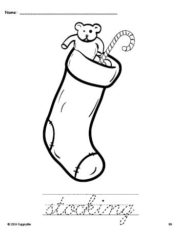 FREE Printable Stocking Christmas Coloring Page and Cursive Word ...