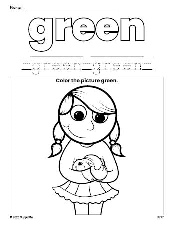 FREE Girl Color Green Coloring Page and Color Worksheet, Green ...