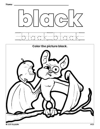 FREE Halloween Bat Color Black Coloring Page and Color Worksheet, Black ...