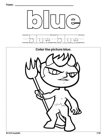 FREE Halloween Devil Color Blue Coloring Page and Color Worksheet, Blue ...