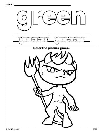 FREE Halloween Devil Color Green Coloring Page and Color Worksheet ...