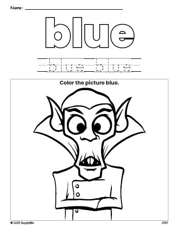FREE Halloween Dracula Color Blue Coloring Page and Color Worksheet ...