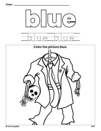 FREE Halloween Skeleton Color Blue Coloring Page and Color Worksheet ...
