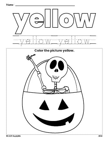 FREE Halloween Skeleton Color Yellow Coloring Page and Color Worksheet ...
