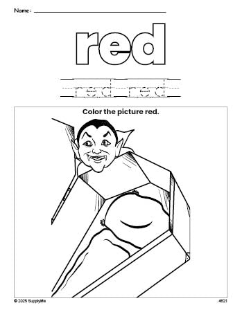 FREE Halloween Vampire Color Red Coloring Page and Color Worksheet, Red ...