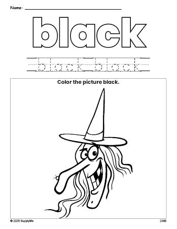 FREE Halloween Witch Color Black Coloring Page and Color Worksheet ...