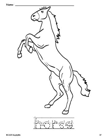 FREE Printable Horse Coloring Page and Word Tracing Worksheet, Letter ...