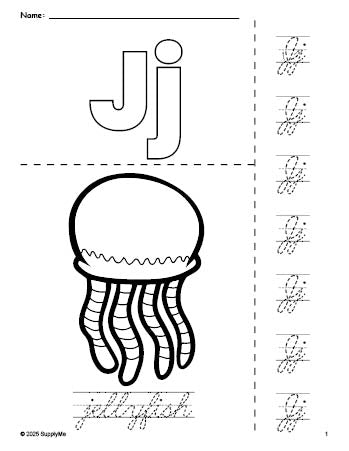 FREE Printable Jellyfish Coloring Page and Cursive Letter Tracing ...