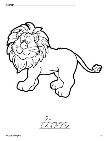 FREE Printable Lion Coloring Page and Cursive Word Tracing Worksheet ...