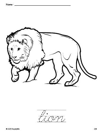 FREE Printable Lion Coloring Page and Cursive Word Tracing Worksheet ...