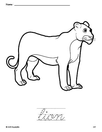 FREE Printable Lion Coloring Page and Cursive Word Tracing Worksheet ...